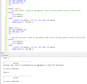 SQL Server - Como resolver o Warning Null value is eliminated by an aggregate or other SET ...